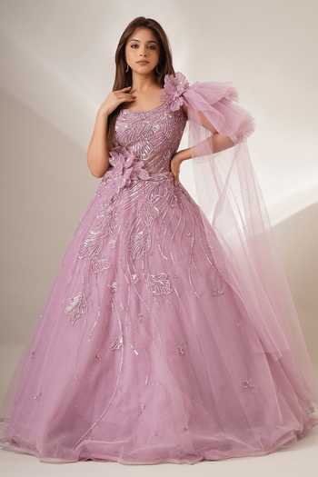 Buy Purple Net Cut Work, Sequins One Shoulder Floral Applique Gown For ...