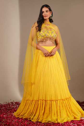 Buy Yellow Georgette Embroidery Mukaish Halter Neck Placement Lehenga ...