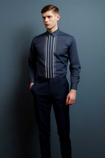 Buy Blue 100% Pure Cotton Embroidery Thread Linear Shirt For Men by ...