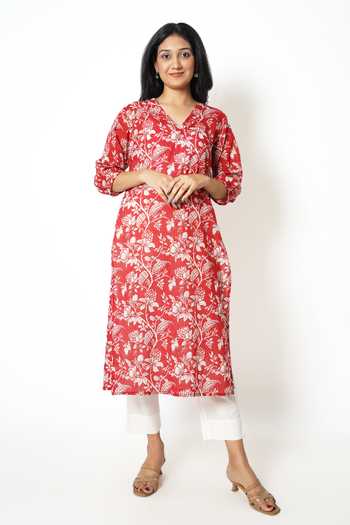Buy Red Cotton Print Budding Garden V Neck Kurta With Pant For Women by ...