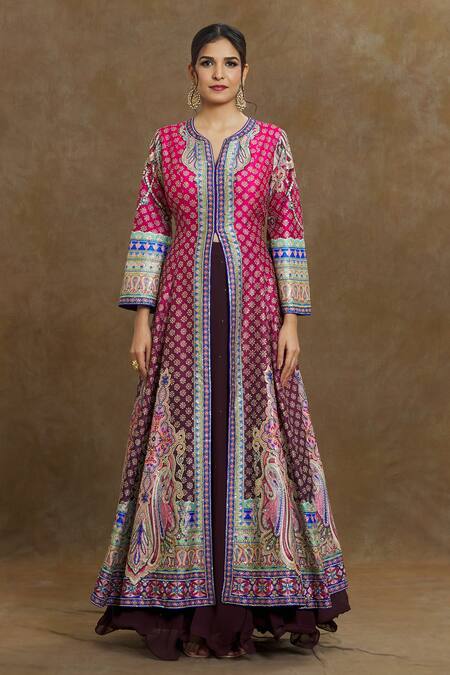 Buy Wine Silk, Georgette, Net Embroidery, Sequins Split Slit Anarkali ...