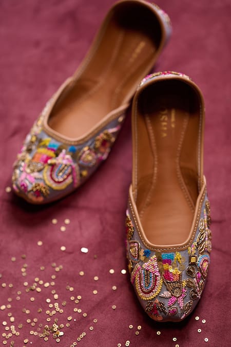 Buy Grey Zari And Cutdana Peacock Plume Hand Embroidered Juttis by ... Buy Grey Zari And Cutdana Peacock Plume Hand Embroidered Juttis by ...