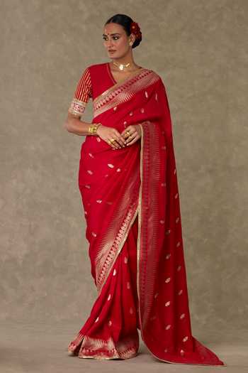 Buy Red Saree Jacquard Silk Embroidery Haath Pattern With Unstitched ...