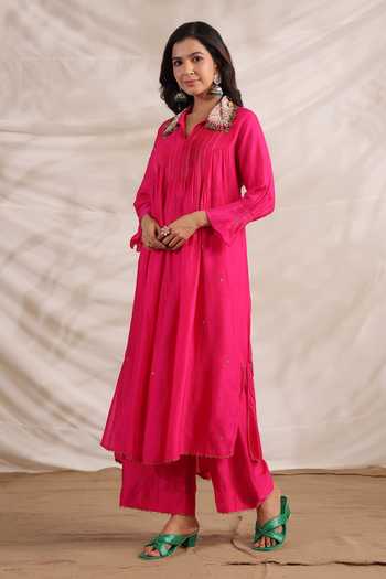 Buy Pink Silk Sequins, Embroidery Collared Pankh Anarkali And Palazzo ...