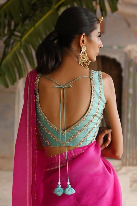 Buy Fuchsia Silk Embroidered Pearl Leaf Neck Bordered Saree And Blouse Set For Women by Deep Thee Online at Aza Fashions