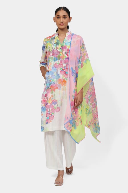 Buy Ivory Linen Impressionist Block Print Floral Springs Embrace Kurta ...