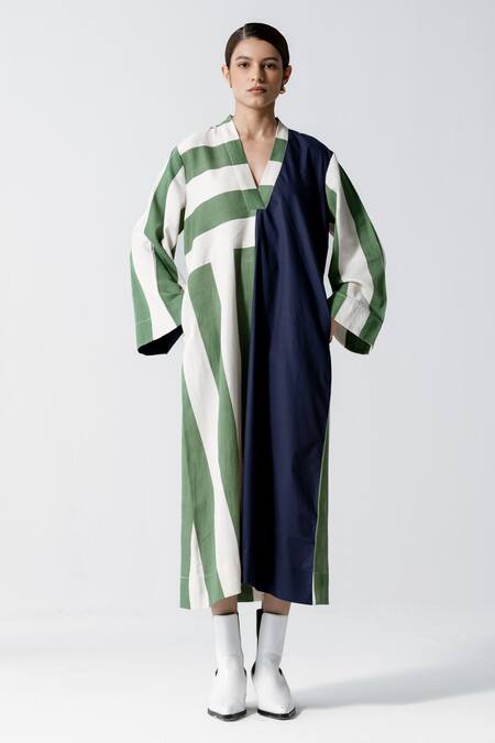 Buy Green Cotton, Linen V-neck Stripe Pattern Dress For Women by OFRIDA ...