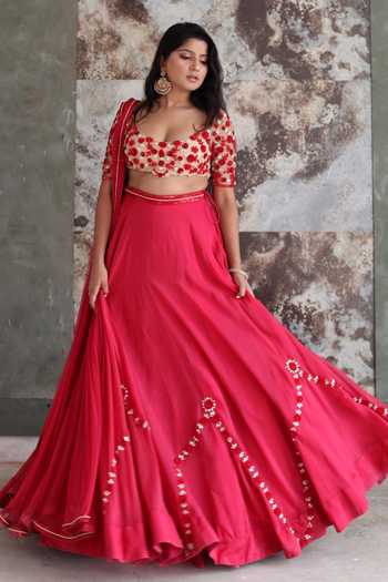 Buy Fuchsia Organza, Net Cutdana, Pearl, Floral Placement Embroidered ...