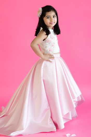 Buy Pink Brocade, Satin Sequins, High Low Lehenga With Embellished ...