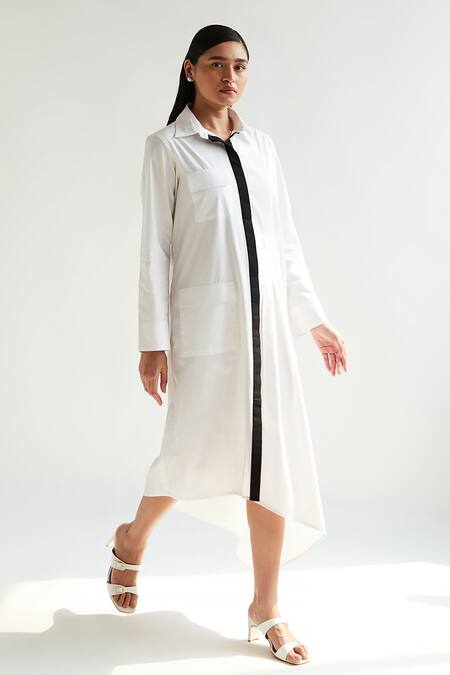 Buy White 100% Cotton Plain Collar Pleated Panelled Shirt Dress For ...