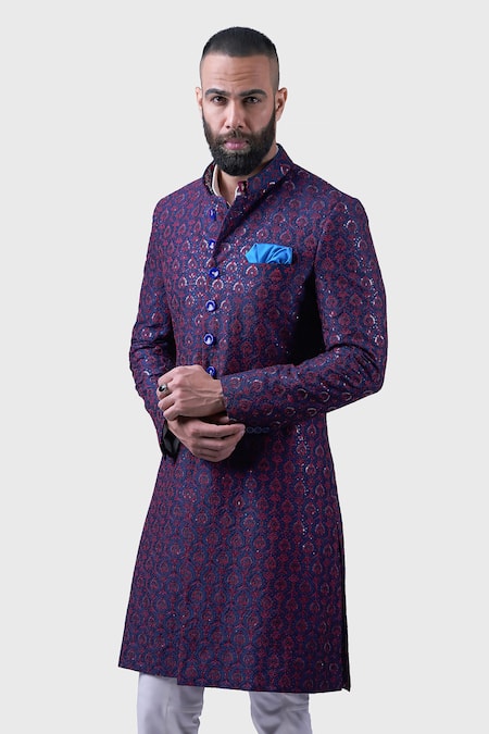Buy Blue Silk Embroidered Floral The Medieval Mural Achkan For Men by ...
