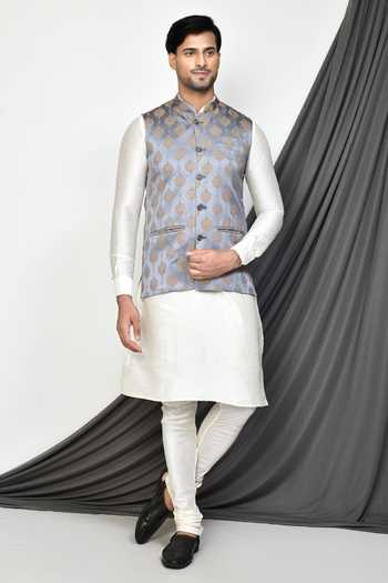 Buy Gray Tuxedo Satin Woven Vintage Leaf Pattern Grey Bundi For Men by ...