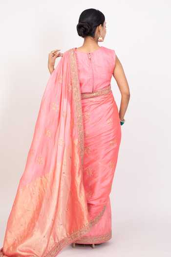 Buy Peach Cotton Silk Embroidered Thread Floral Sequin Saree With ...