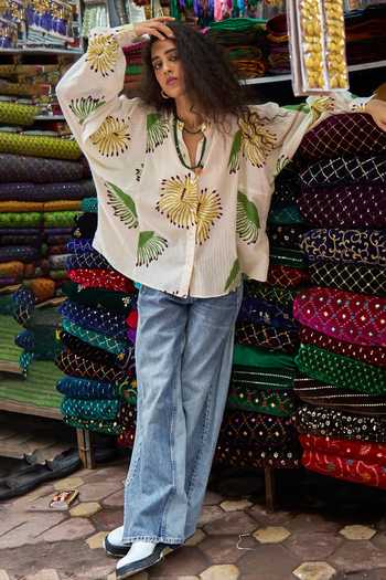 Buy White Handloom Cotton Mandarin Collar Malana Floral Block Print Top ...