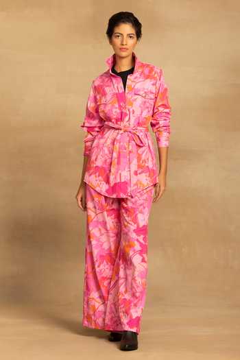 Buy Pink 100% Cotton Twill Printed Sara Shirt And Straight Pant Co-ord ...