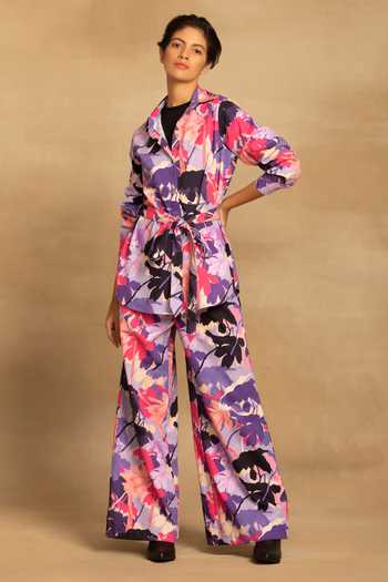 Buy Purple 100% Cotton Twill Printed Floral Collar Sara Shirt With Pant ...
