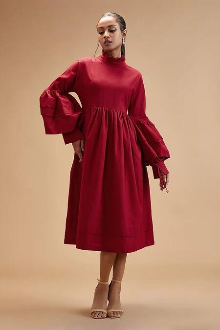 Buy Red Handloom Cotton Ruffled Neck Puffed Sleeve Dress For Women by ...