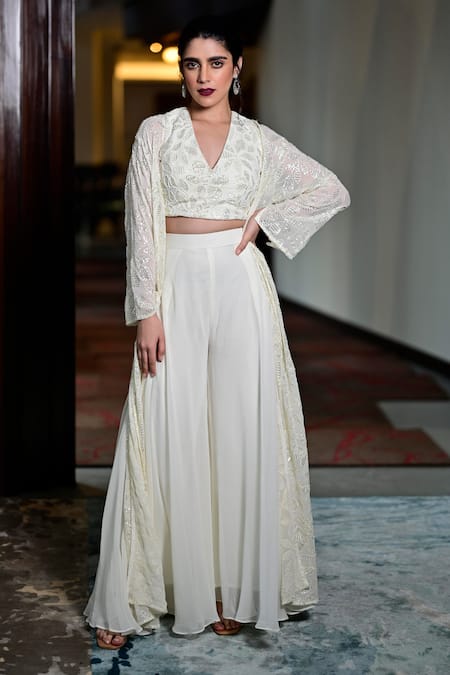 Buy White Chinon Embroidered Sequin Cape Open Floral Palazzo Set For ...