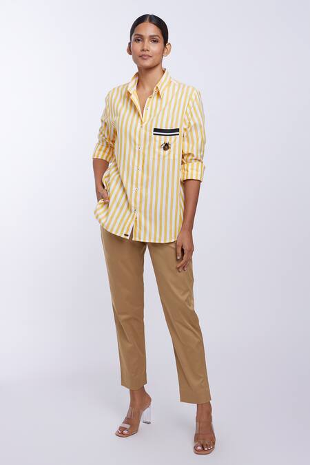 Buy Yellow Cotton Satin Embroidered Swaroski Shirt Collar Placement For ...