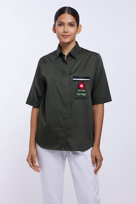 Buy Green Cotton Satin Embroidered Patchwork Shirt Collar Floral For ...