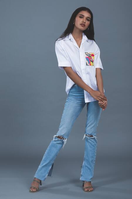 Buy White Cotton Satin Embroidered Thread Shirt Collar Abstract For ...