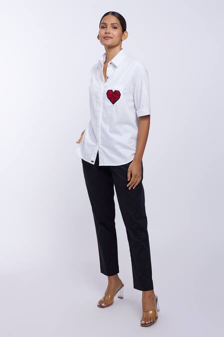 Buy White Cotton Satin Embroidered Thread Shirt Collar Heart Pattern ...