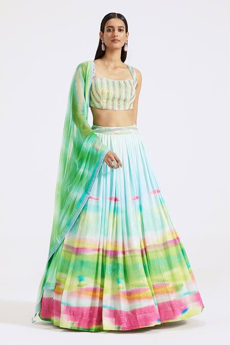 Buy Multi Color Georgette Printed Sequin Sweetheart And Work Lehenga ...