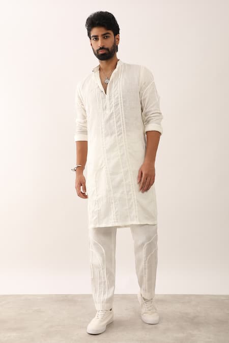 Buy White 100% Linen Plain Zeshan Applique Texture Kurta And Pant Set ...
