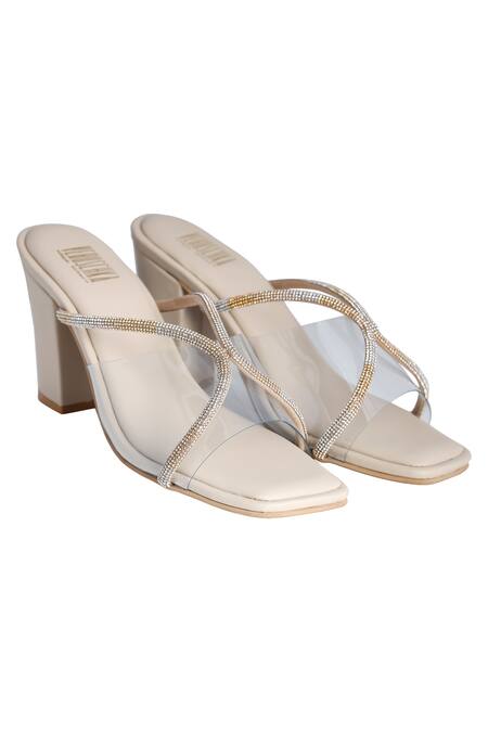 Buy Cream Embellished Rania Leather Block Heels by Veruschka by Payal ...