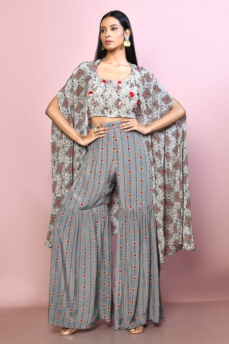 Buy Grey Blouse And Palazzo Chinnon Printed Geometric Jacket Open Set ... Buy Grey Blouse And Palazzo Chinnon Printed Geometric Jacket Open Set ...