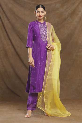 Buy Purple Kurta: Pure Silk Hand Embroidered Kaamdani Floral Pant Set ...