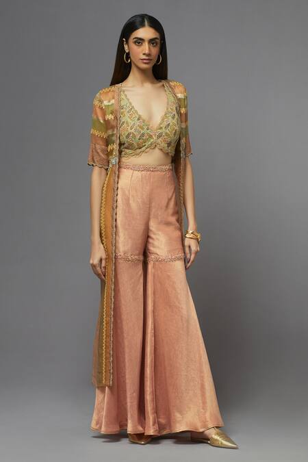 Buy Peach Organza Embroidered Floral Deep V Neck Cape Palazzo Set For ...