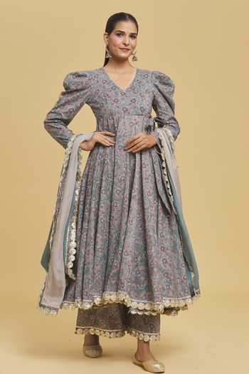 Buy Grey Cotton Printed And Embroidered Bloom & Angarkha Anarkali Set ...