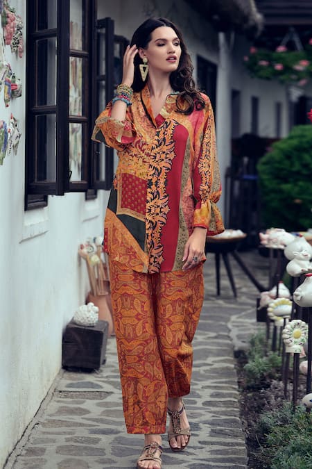 Buy Red Viscose Woven Muslin Printed Floral V Patterned Shirt And Pant ...