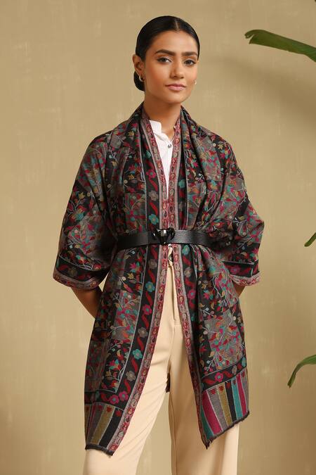 Buy Black Checkered Sheli Kani Pattern Shawl by DUSALA Online at Aza ...