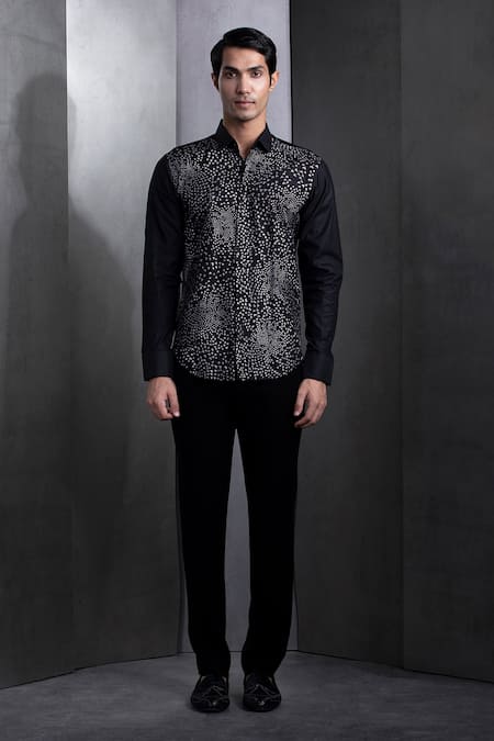 Buy Black Cotton Embroidery Geometric Silk Thread Shirt For Men by ...