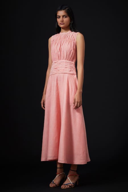 Buy Pink Cotton Round Neck Shae Striped Ruched Midi Dress For Women by ...