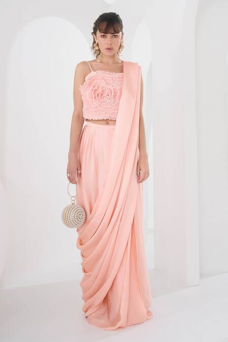 Buy Pink Crepe, Satin Plain Pre-draped Skirt Saree For Women by Pleats ...