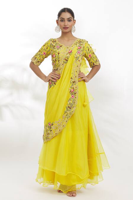 Buy Yellow Dola Embroidered Resham Flowers Round Blouse Lehenga Set For ...