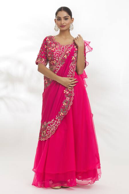 Buy Pink Dola Embroidered Resham Flowers Round Aari Blouse Lehenga Set ...