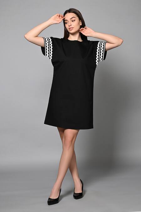 Buy Black 100% Cotton Embellished Lace Trim Round Synodic Wave Dress ...