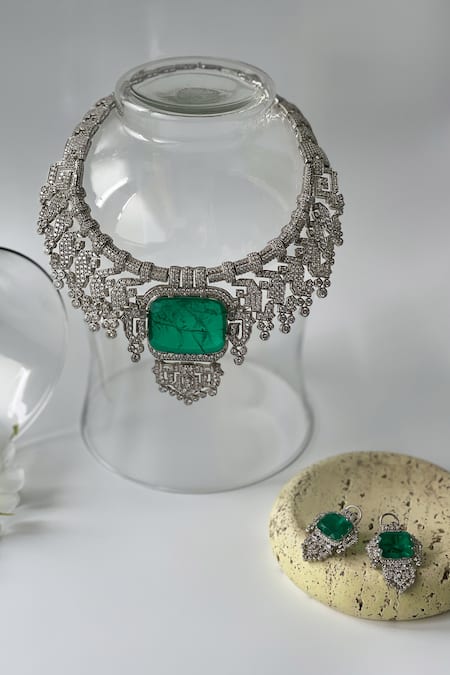 Buy Green Cubic Zircons And Stone Embellished Geometric Cut Work ...