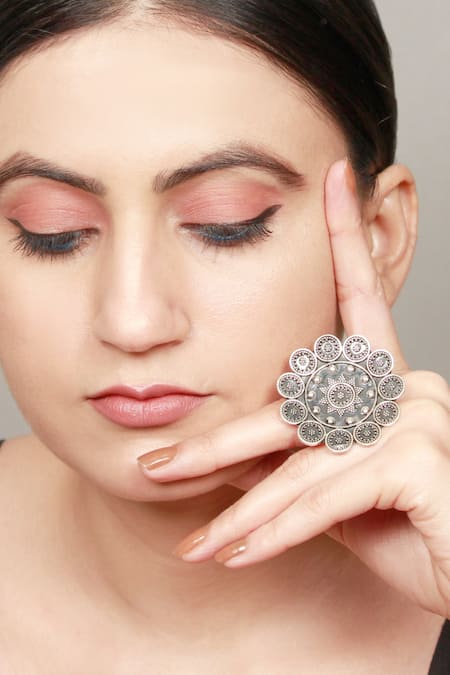 Buy Silver Plated Carved Floral Tribal Ring by Sangeeta Boochra Online at Aza Fashions in US