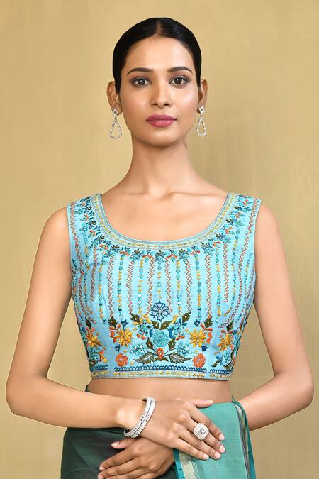 Buy Blue Art Silk Embroidered Resham U Neck Floral And Bead Blouse For ...