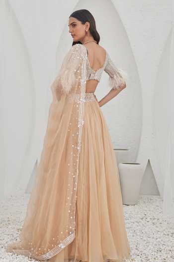 Buy Beige Organza, Net, Crepe Dama Flowy Lehenga Set With Embellished ...