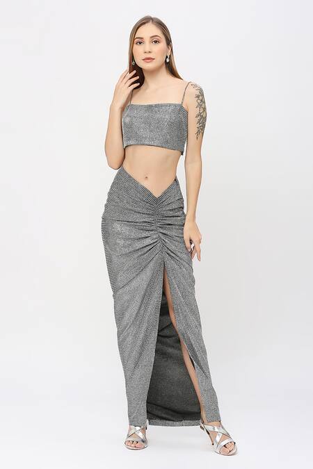 Buy Silver Knit Square Metallic Top And Ruched Skirt Set For Women by ...