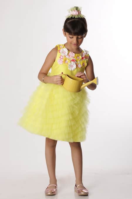 Buy Yellow Taffeta/net Hand Embroidered 3d Provence Cascade Layered ...