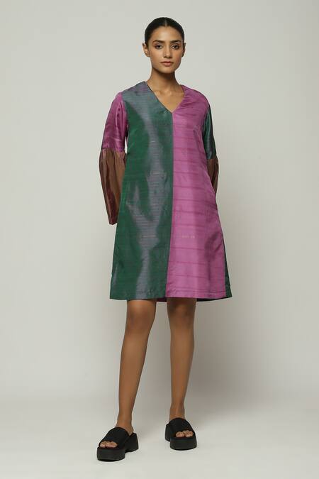 Buy Purple Silk Woven Stripe V Neck Turned Weft Colorblock Dress For ...