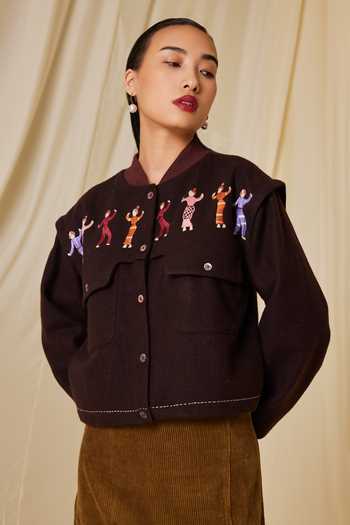 Cord Brown Wool Embroidery Folk Mandarin Collar Bert Jacket For Women