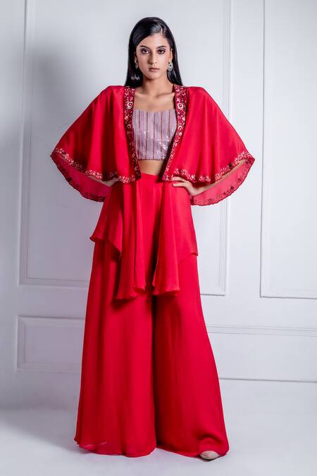 Buy Red Georgette Embroidery Thread Cape Open Sharara Set For Women by Radhika & Raghav Online ...